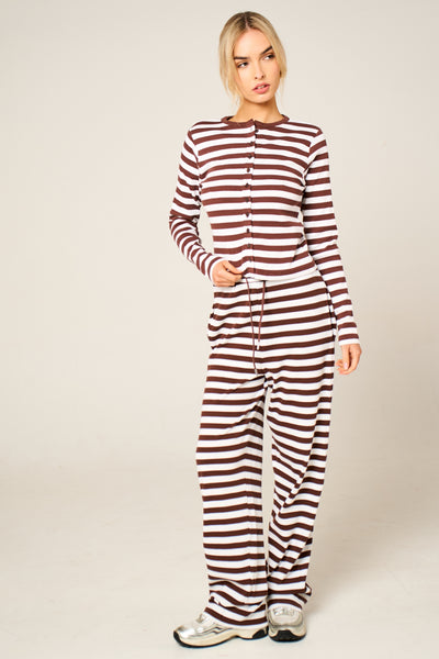 Brown Contrast Striped Molly Button Top and Wide Leg Trousers - Elisan – Femme Luxe