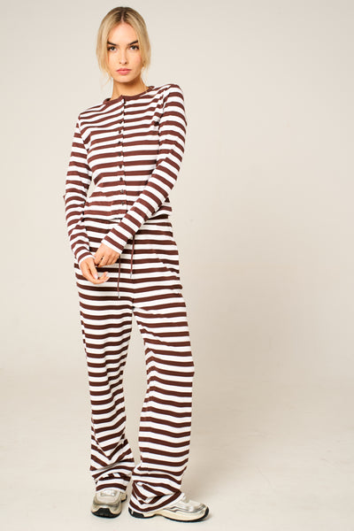 Brown Contrast Striped Molly Button Top and Wide Leg Trousers - Elisan – Femme Luxe