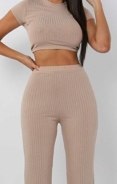 Nude Crop Ribbed Two Piece Set | Co-Ords | Femme Luxe