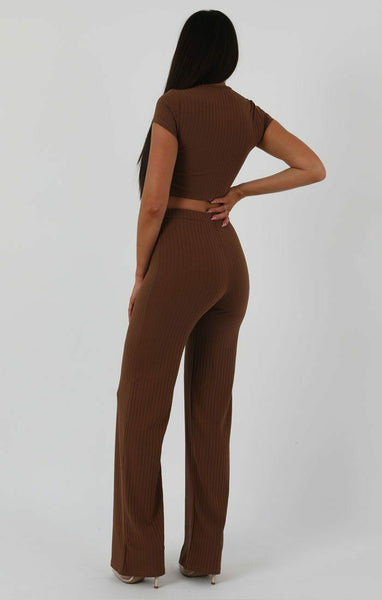 Brown Crop Ribbed Two Piece Set | Co-Ords | Femme Luxe