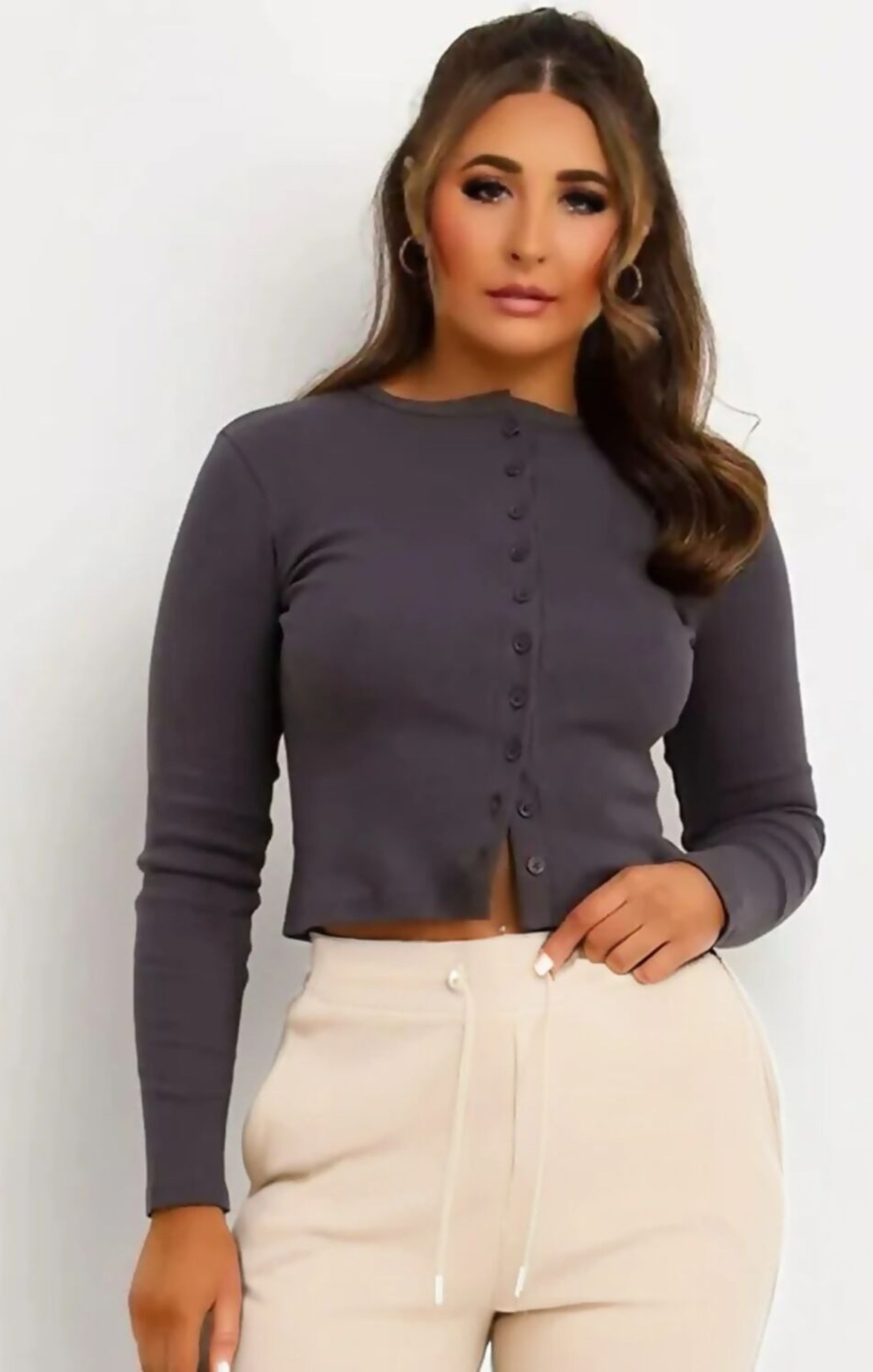 Slate Grey Ribbed Molly Button Through Top - Rosita – Femme Luxe