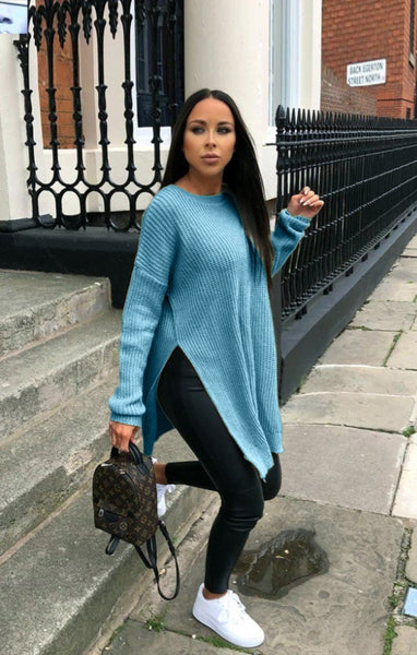 Blue Oversized Split Side Knitted Jumper | Jumpers | Femme Luxe UK