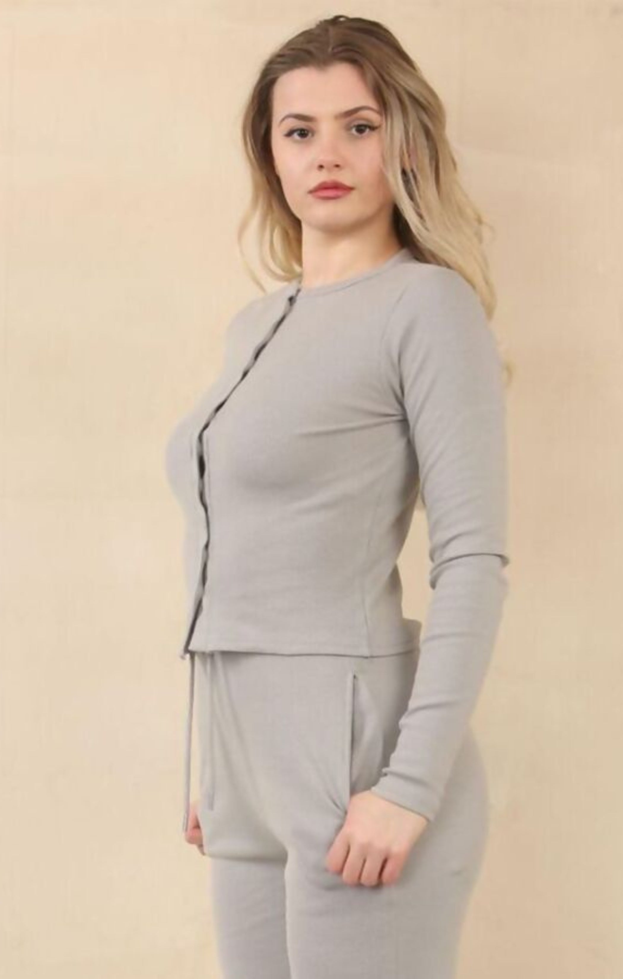 Dove Grey Ribbed Molly Button Through Top - Rosita – Femme Luxe