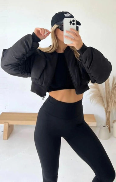 Black Cropped Cargo Bomber Jacket - Fiora – Femme Luxe