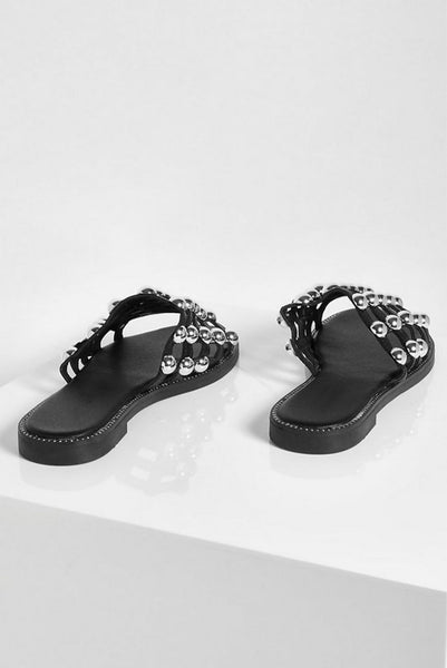 Black Studded Caged Sliders | femmeluxefinery – Femme Luxe