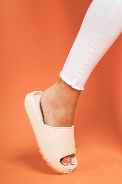Beige Rubber Ribbed Flatform Sliders | Shoes | Femme Luxe UK