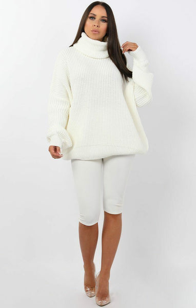 Cream Knitted Oversized Polo Neck Jumper | Knitwear | Femme Luxe