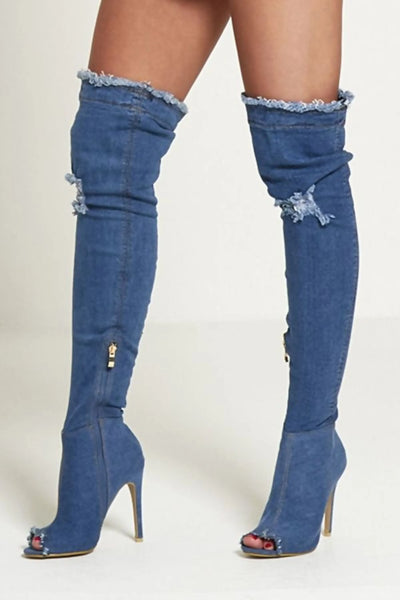 Dark Denim Ripped Thigh High Boots - Briar – Femme Luxe