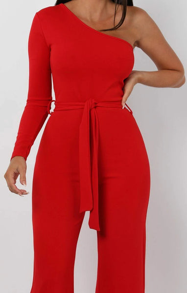 Red Belted One Shoulder Jumpsuit | Jumpsuits | Femme Luxe