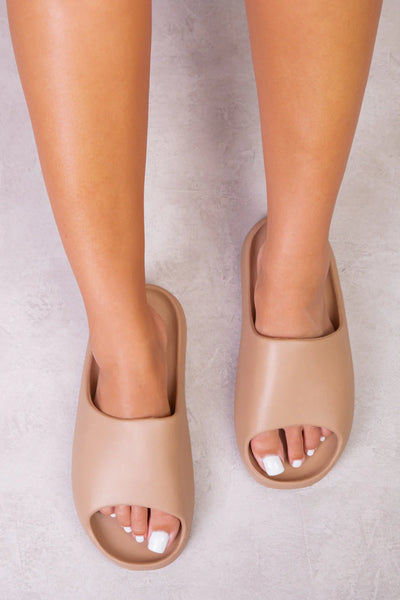 Beige Rubber Ribbed Flatform Sliders | Shoes | Femme Luxe UK
