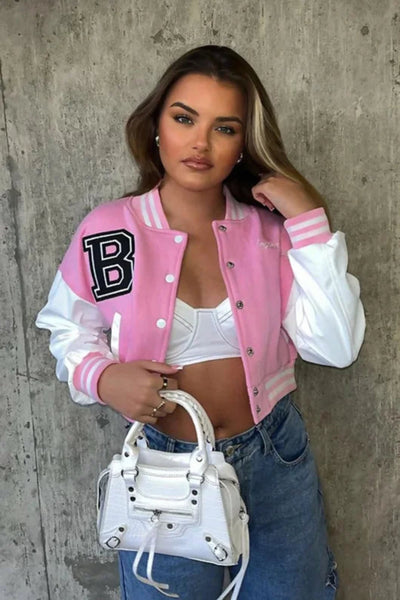 Pink Varsity Slogan Contrast Sleeve Bomber - Hallie – Femme Luxe