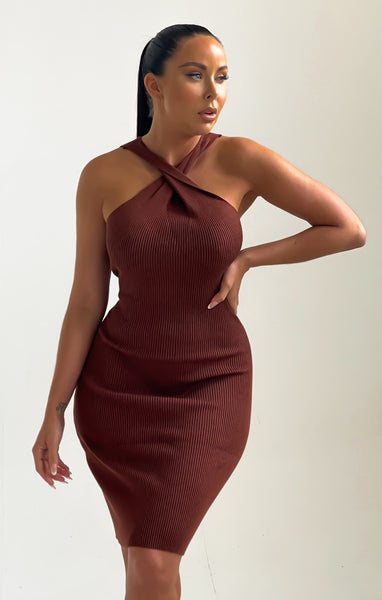 Chocolate Knitted Cross Over Bodycon Midi Dress - Shiva – Femme Luxe