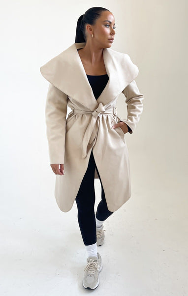 Beige Waterfall Duster Belted Long Coat - Pola – Femme Luxe
